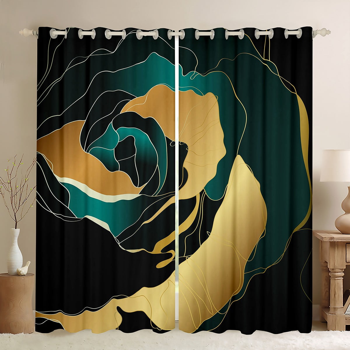 YST Blackish Green Gold Curtains & Drapes Boho Minimalist Blackout ...