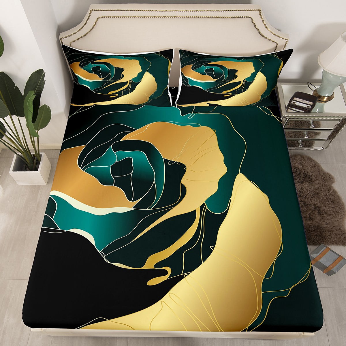 Erosebridal Blackish Green Gold Twin Sheets Boho Minimalist Bed Sheets ...