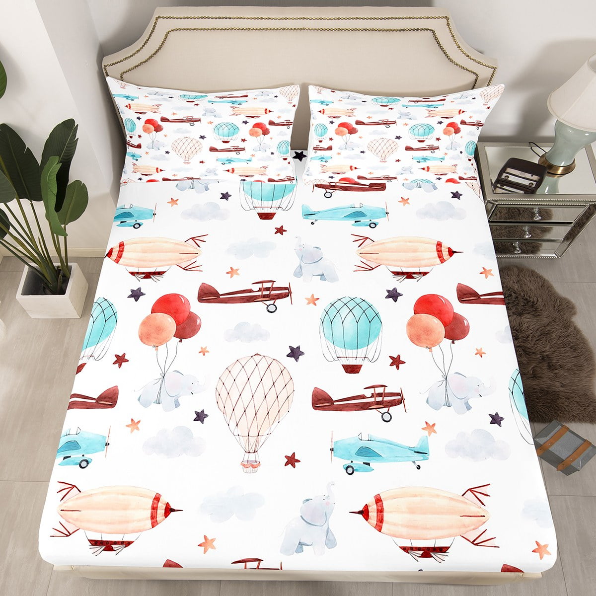 Blue Aircraft Queen Fitted Sheet Brown Beige Airplane Sheets, Cartoon ...