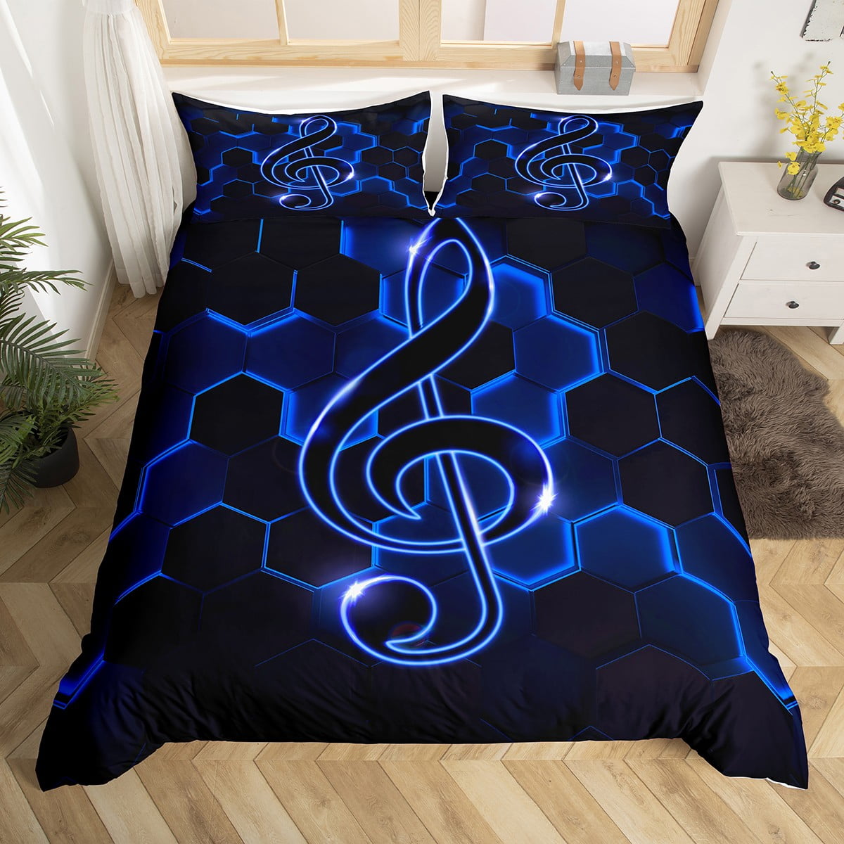 Erosebridal Blue Black Bed Set Musical Treble Clef Duvet Cover, Glowing Honeycomb Bedding Set ...