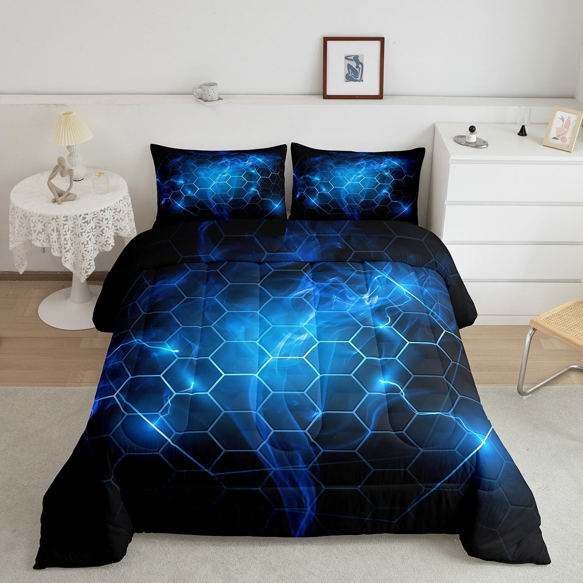 Blue and Black Bedding Sets Queen Neon Honeycomb Geometric Comforter ...