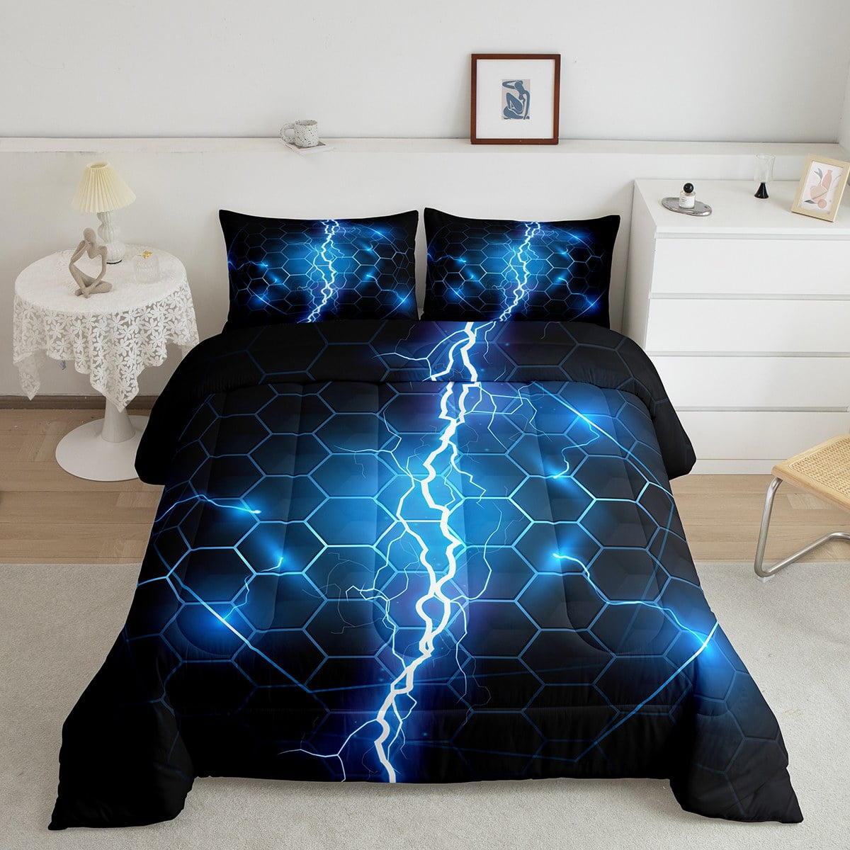 YST Blue and Black Comforter Set Queen Geometric Neon Honeycomb Bedding ...
