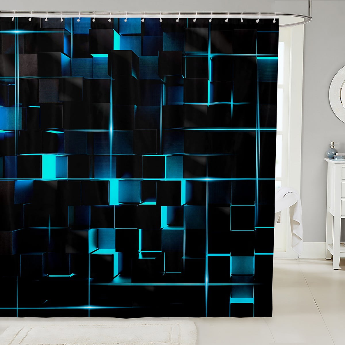 Blue Black Geometric Bathroom Shower Curtain Sets, Stereoscopic Square ...