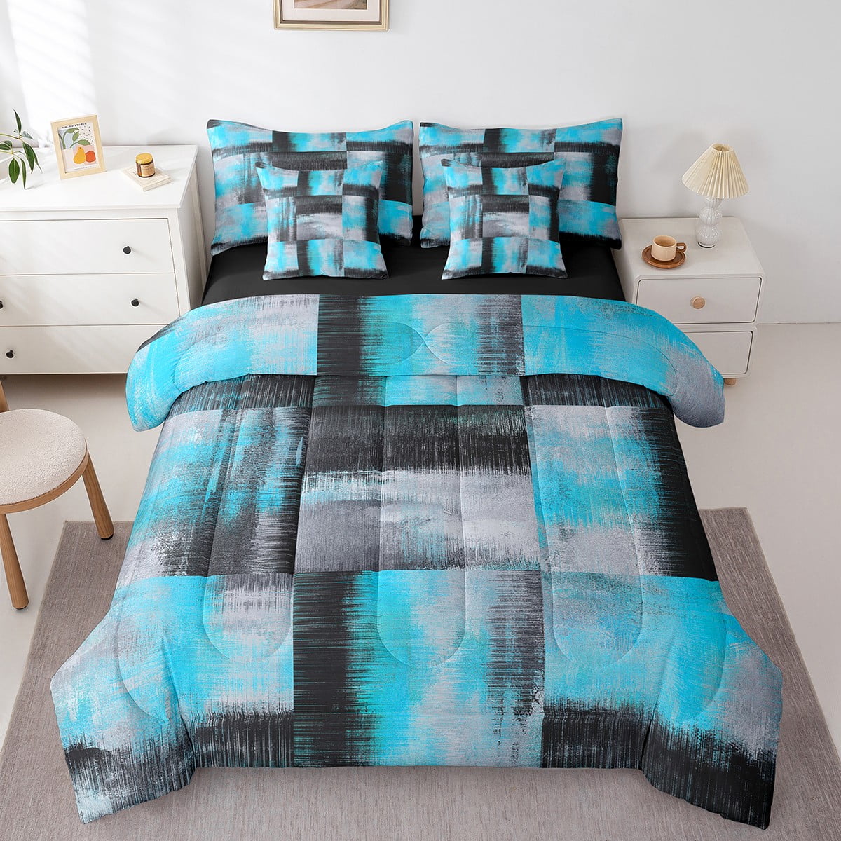 YST Blue Black Grey Bedding Set Twin Watercolor Geometric Plaid 7 Piece ...