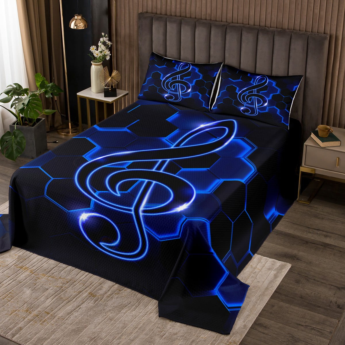 YST Blue Black King Quilt Set Musical Treble Clef Coverlet Set, Glowing ...