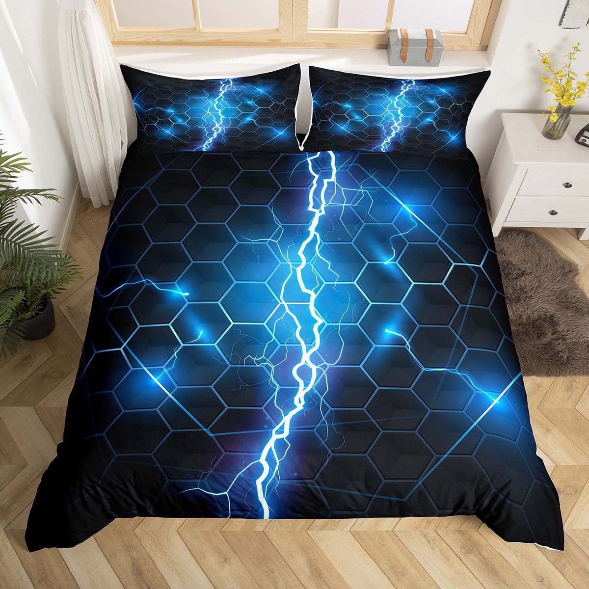 YST Blue and Black King Size Duvet Cover Geometric Neon Honeycomb Quilt ...