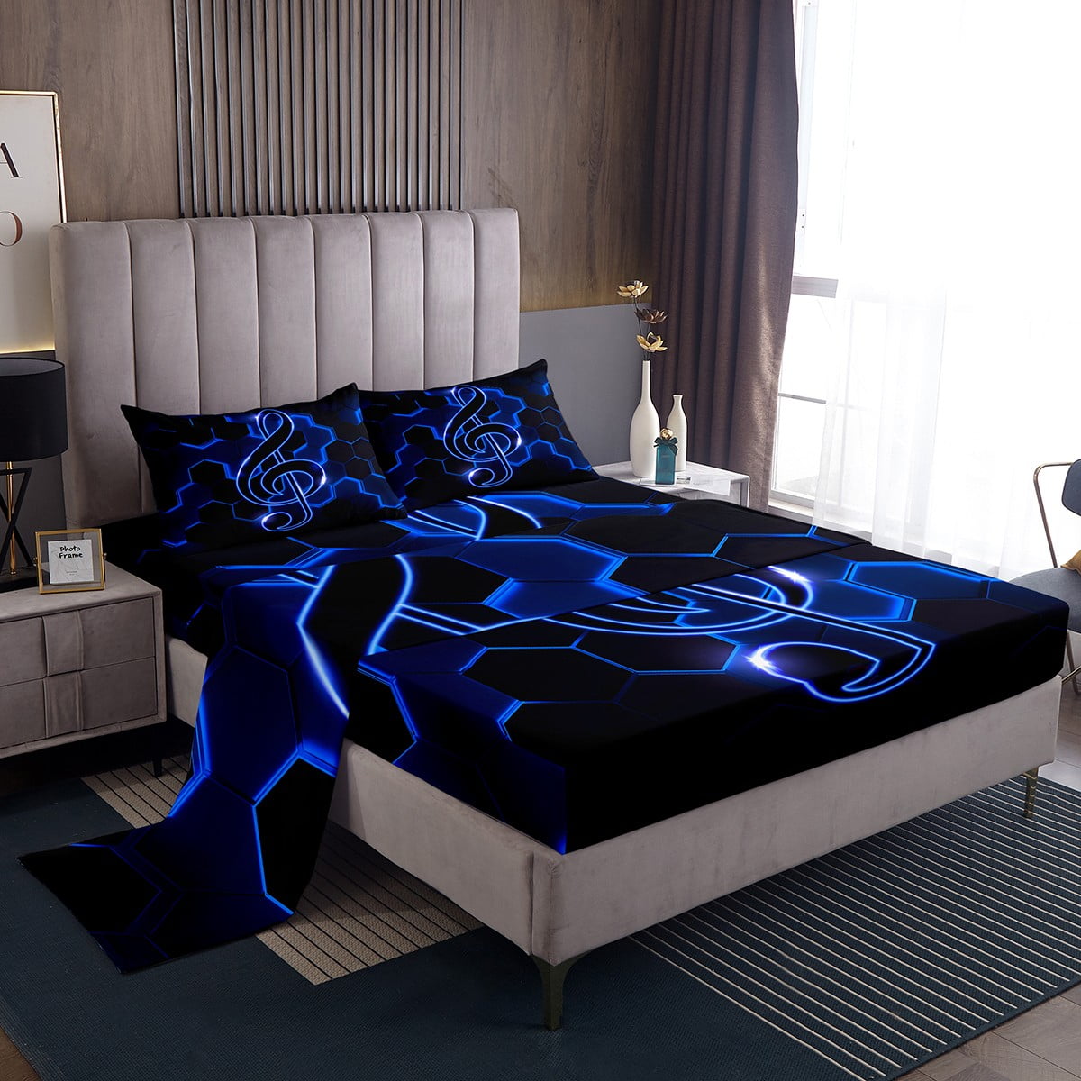 YST Blue Black Queen Sheets Musical Treble Clef Bed Set, Glowing Honeycomb Bed Sheets Set Music ...