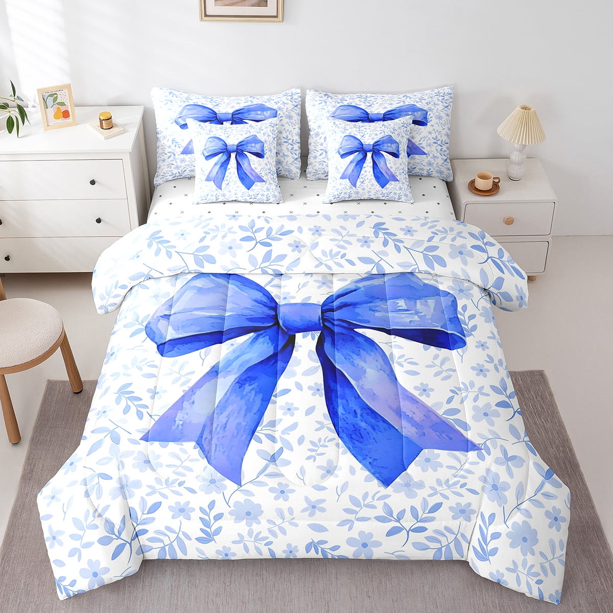 Blue Bow Bed In A Bag With Sheets Teen,Bowknot Bedding Set Cute Bow Tie ...