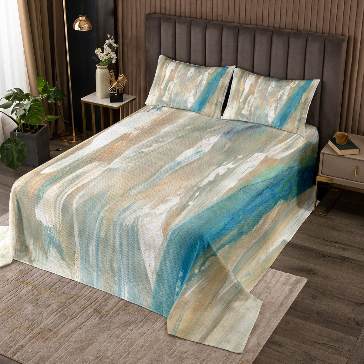 YST Blue Brown Coverlet King Size Ombre Abstract Art Bedding Set, Brush ...