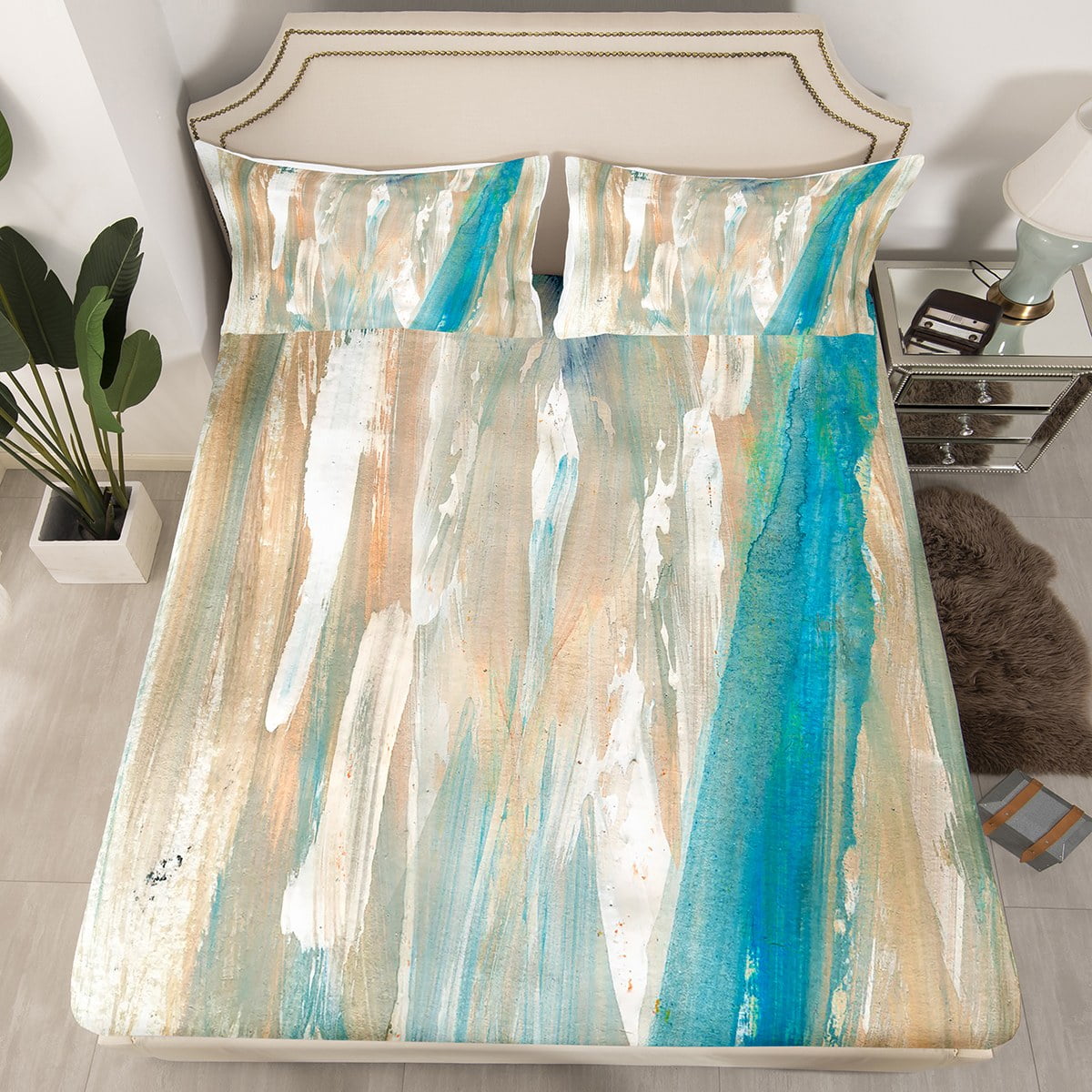 Blue Brown Queen Sheets Ombre Abstract Art Bed Sheets, Brush Marks ...