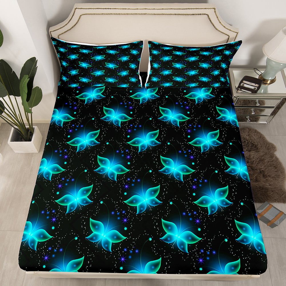 Erosebridal Blue Butterfly Bed Sheets Teal Neon Lights Fitted Sheet Queen Size, Psychedelic ...