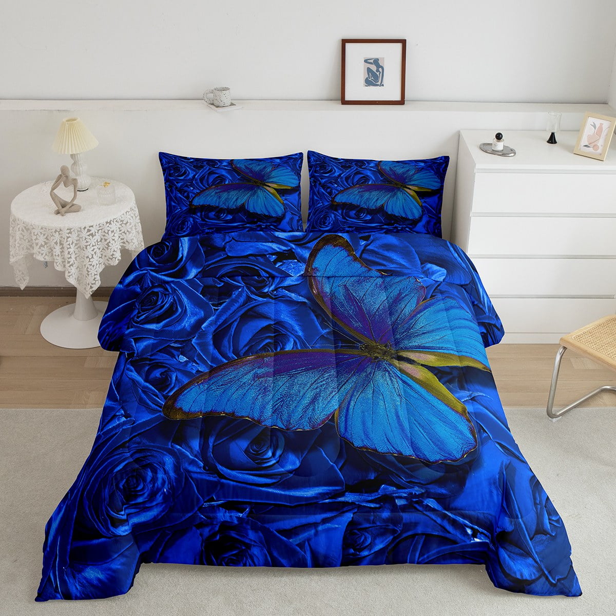 YST Blue Butterfly Bedding Set Queen Chic Rose Comforter Set, Romantic ...