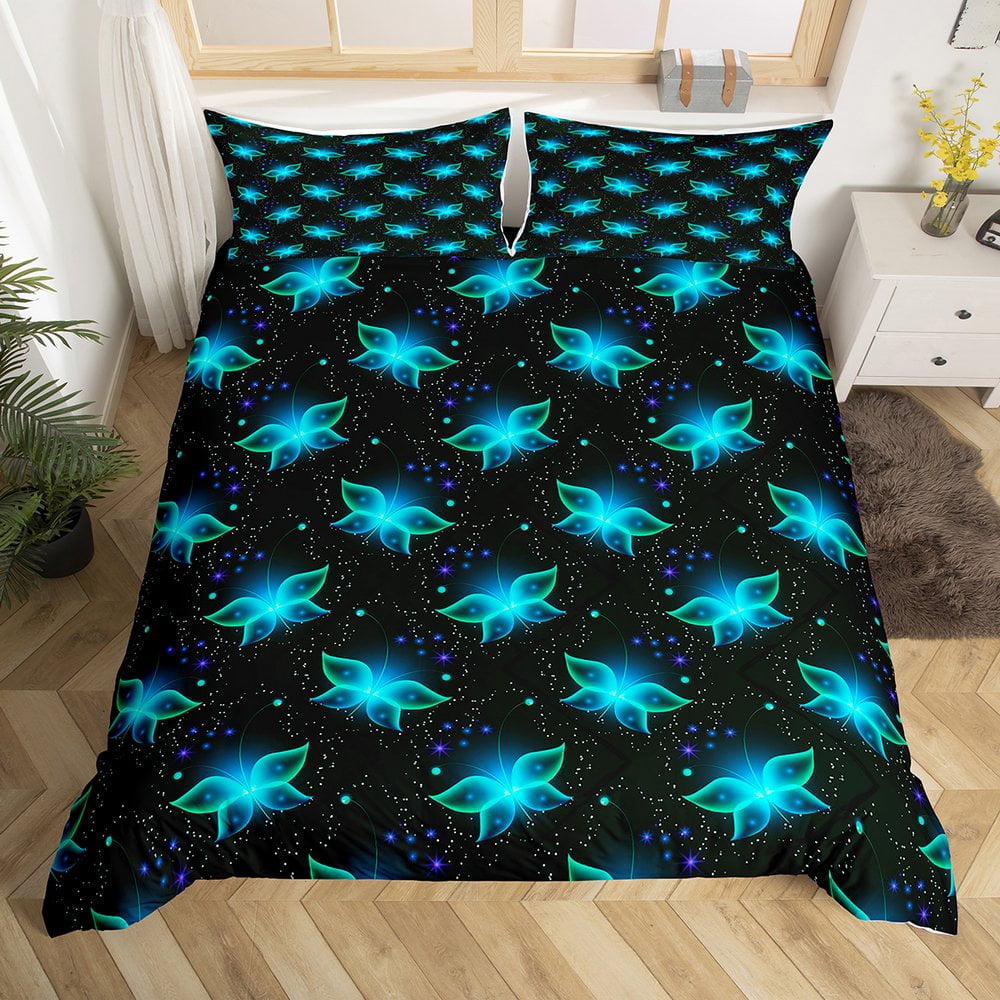 YST Blue Butterfly Bedding Sets Full Teal Neon Lights Comforter Cover ...