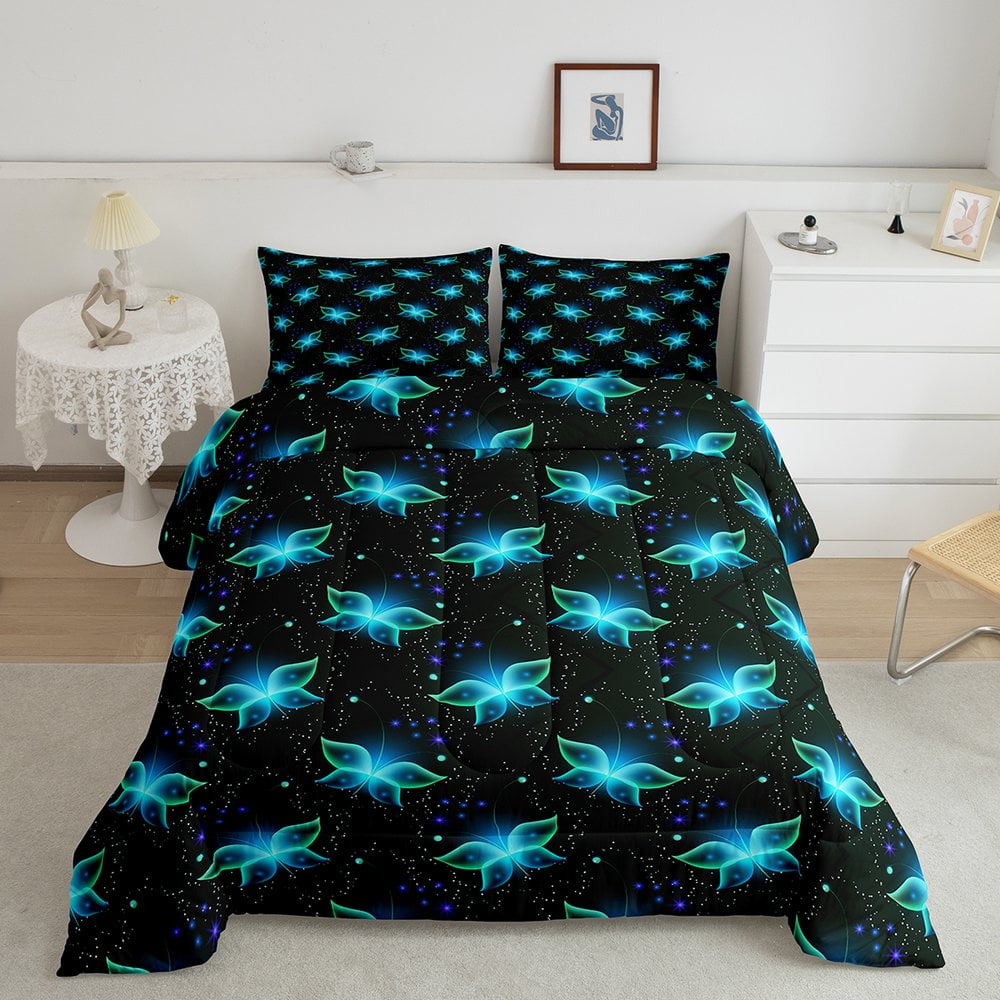 YST Blue Butterfly Comforter King Teal Neon Lights Bedding Set ...