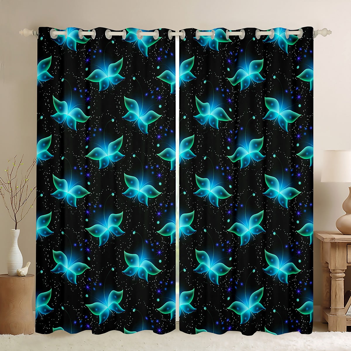 Erosebridal Blue Butterfly Curtains Teal Neon Lights Blackout Curtains ...