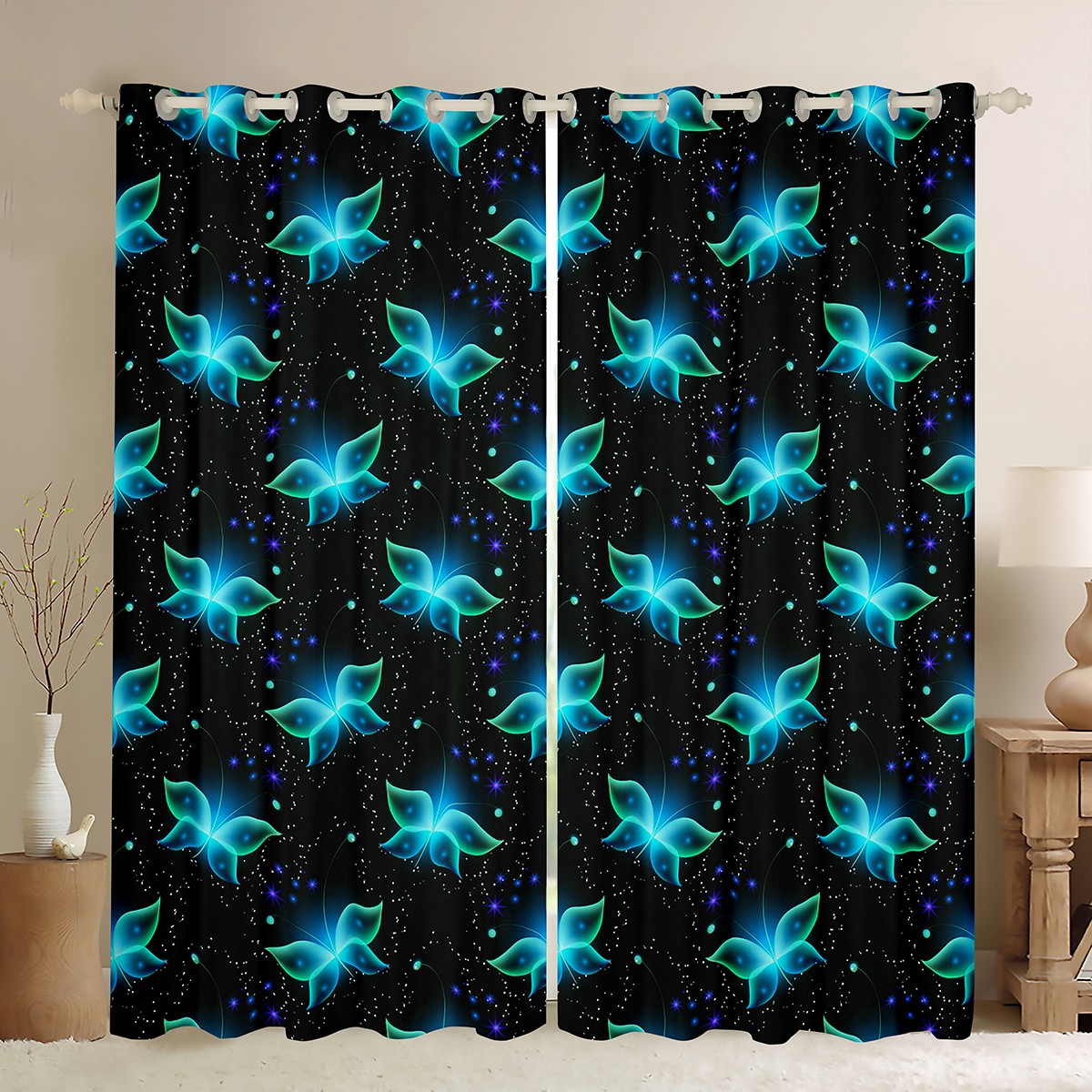 YST Blue Butterfly Curtains Teal Neon Lights Curtains & Drapes ...