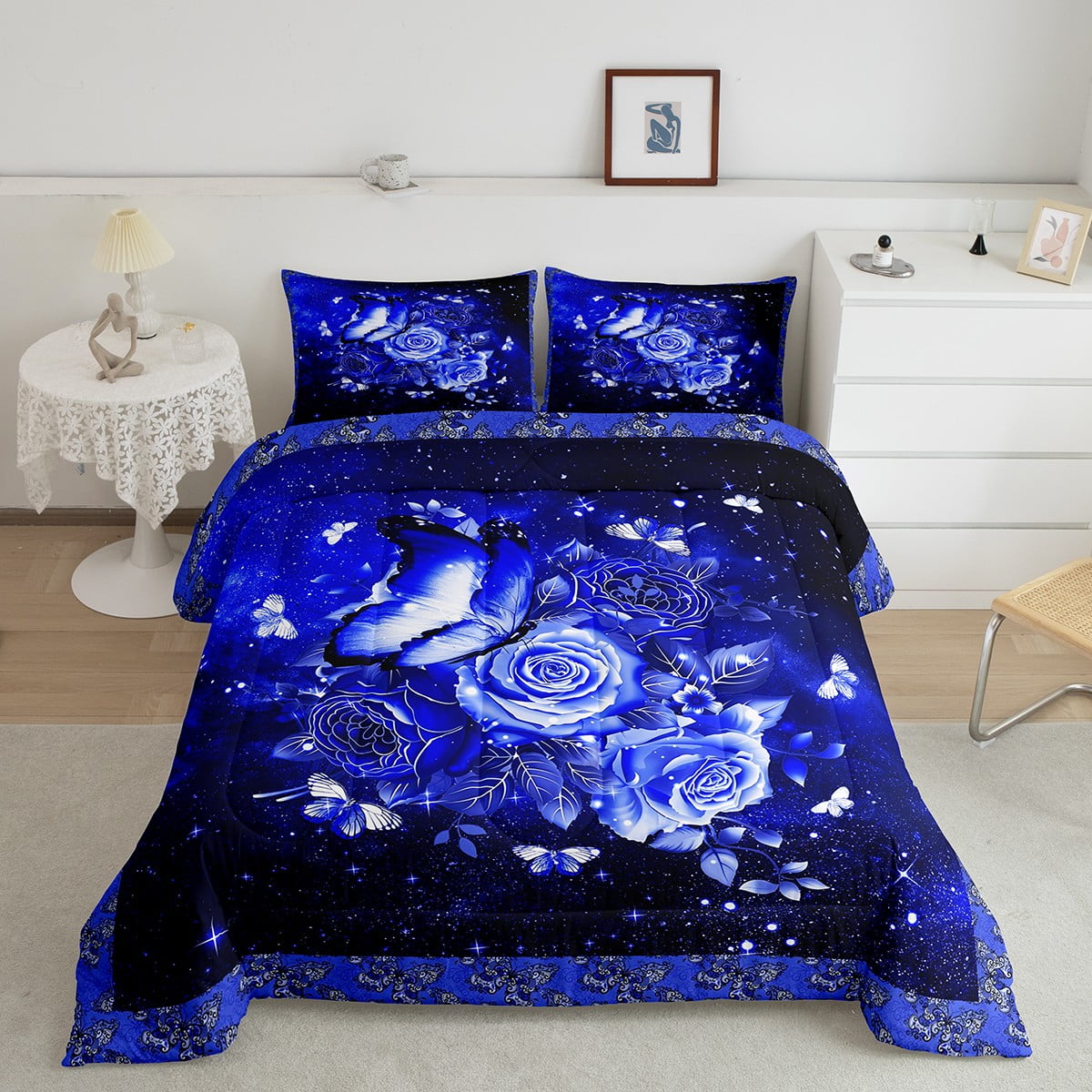 Blue Butterfly Full Bedding Sets ,Galaxy Blue Rose Comforter Set For ...
