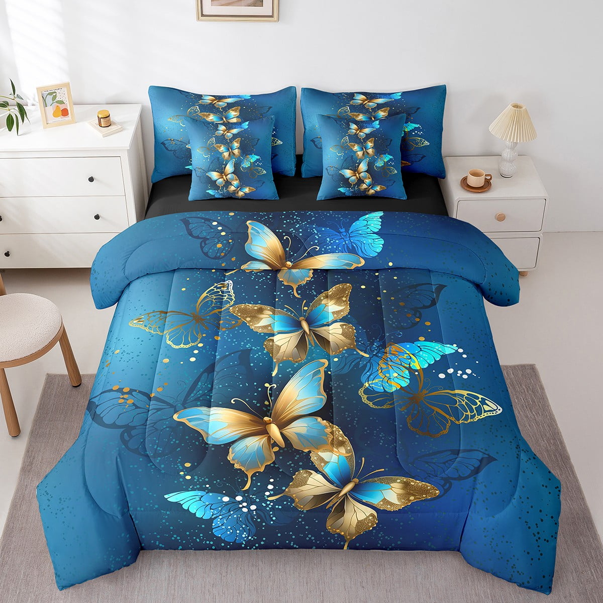 YST Blue Butterfly Full Comforter Set 7-Piece Chic Animal Bedding ...