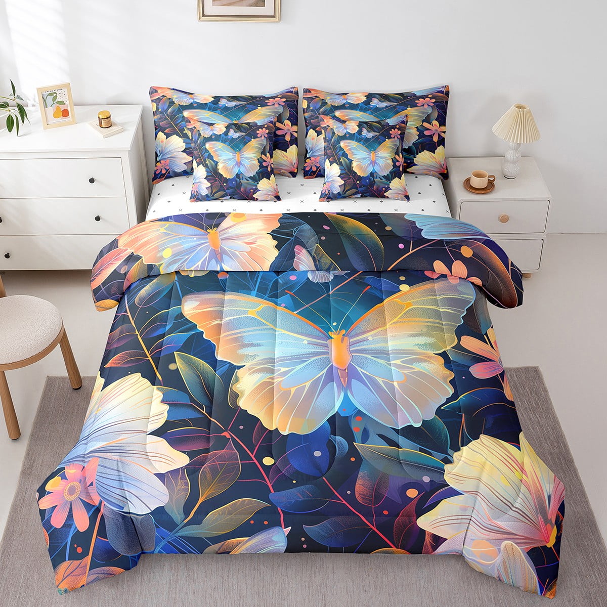 Erosebridal Blue Butterfly Full Comforter Set 7 Pieces Lady Pink Floral ...