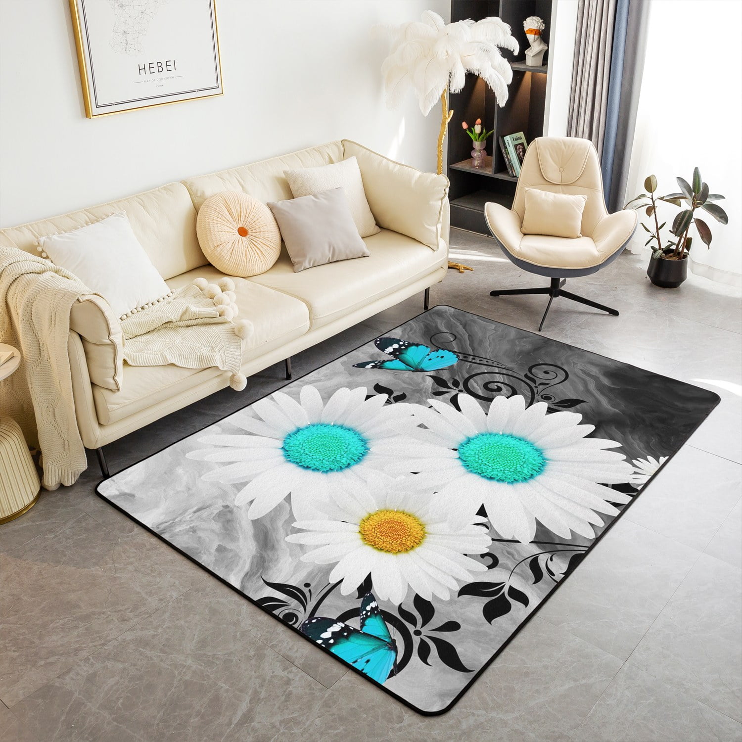 Erosebridal Blue Butterfly Carpet 3x5 for Bedside,White Daisy Print ...