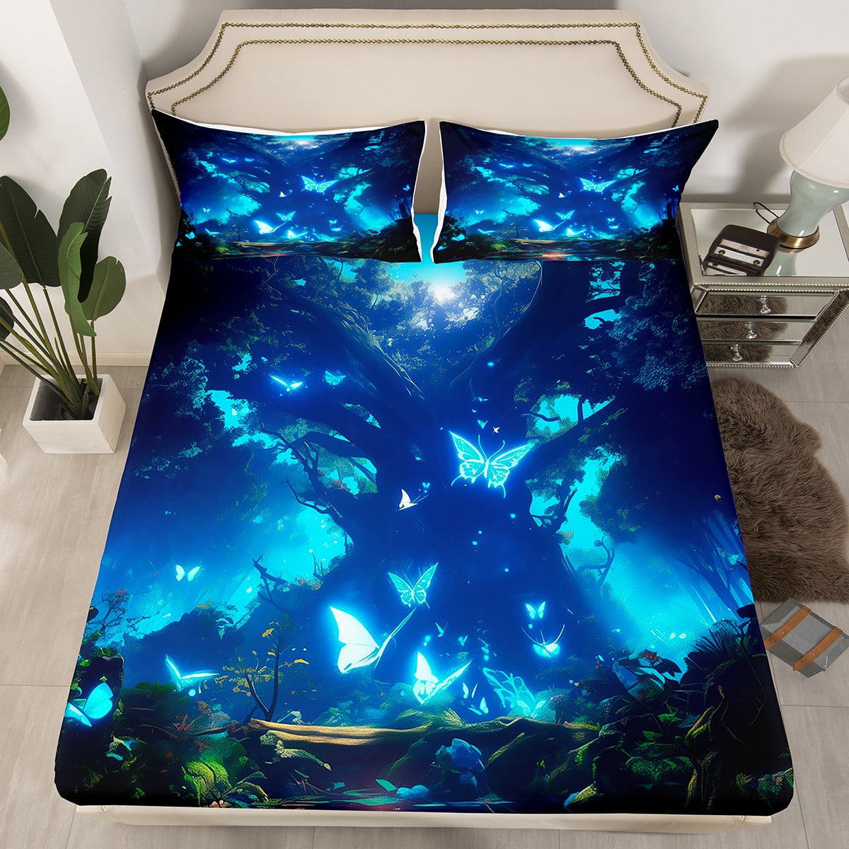 YST Blue Butterfly Queen Fitted Sheet Neon Gradient Glowing Butterflies ...