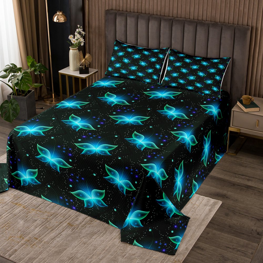 YST Blue Butterfly Twin Quilt Set Teal Neon Lights Coverlet Set ...