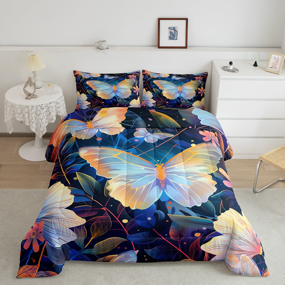 YST Blue Butterfly Twin Size Comforter Set for Girls Lady Pink Floral ...