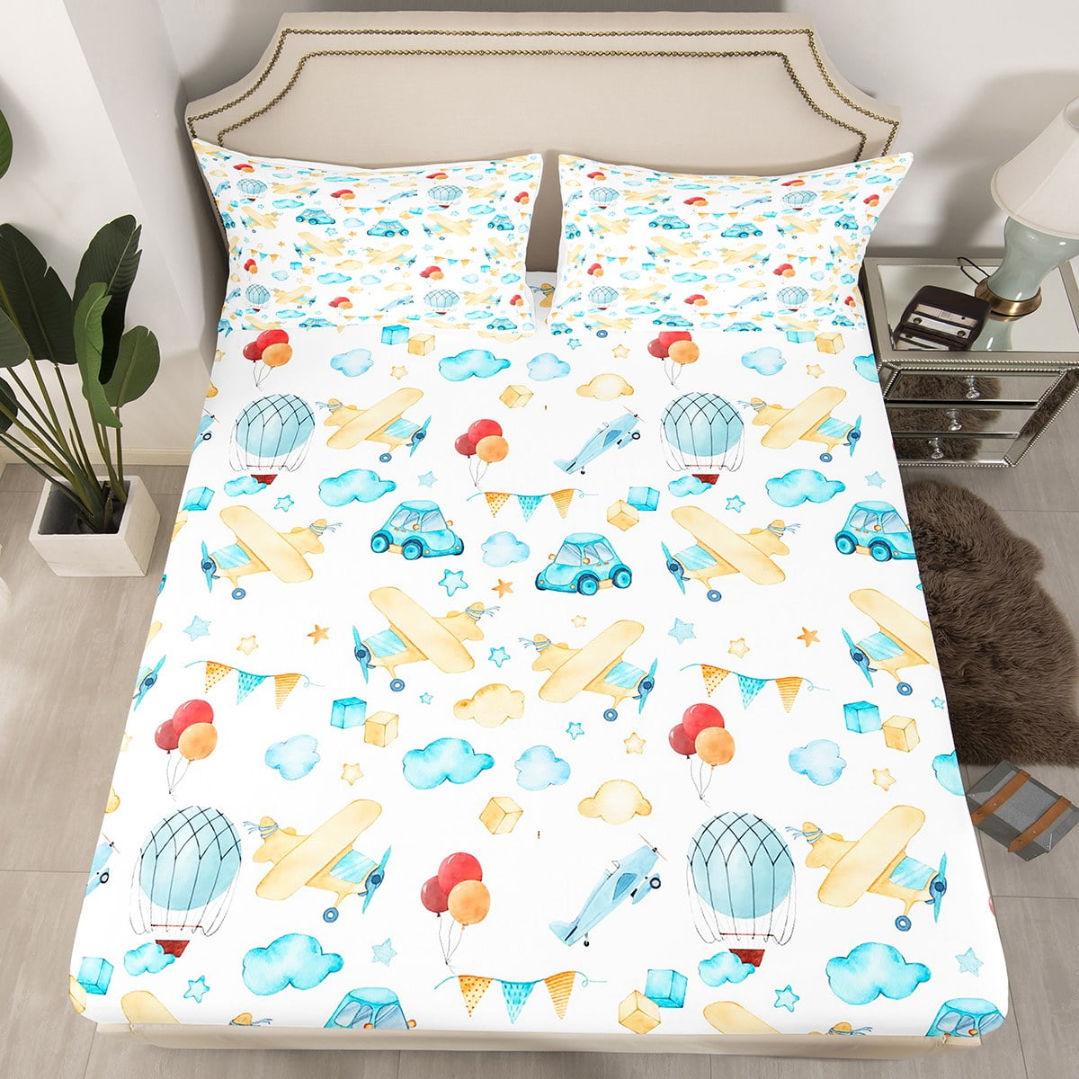 YST Blue Car Bed Sheets Beige Aircraft Fitted Sheet Queen Size, Rainbow ...