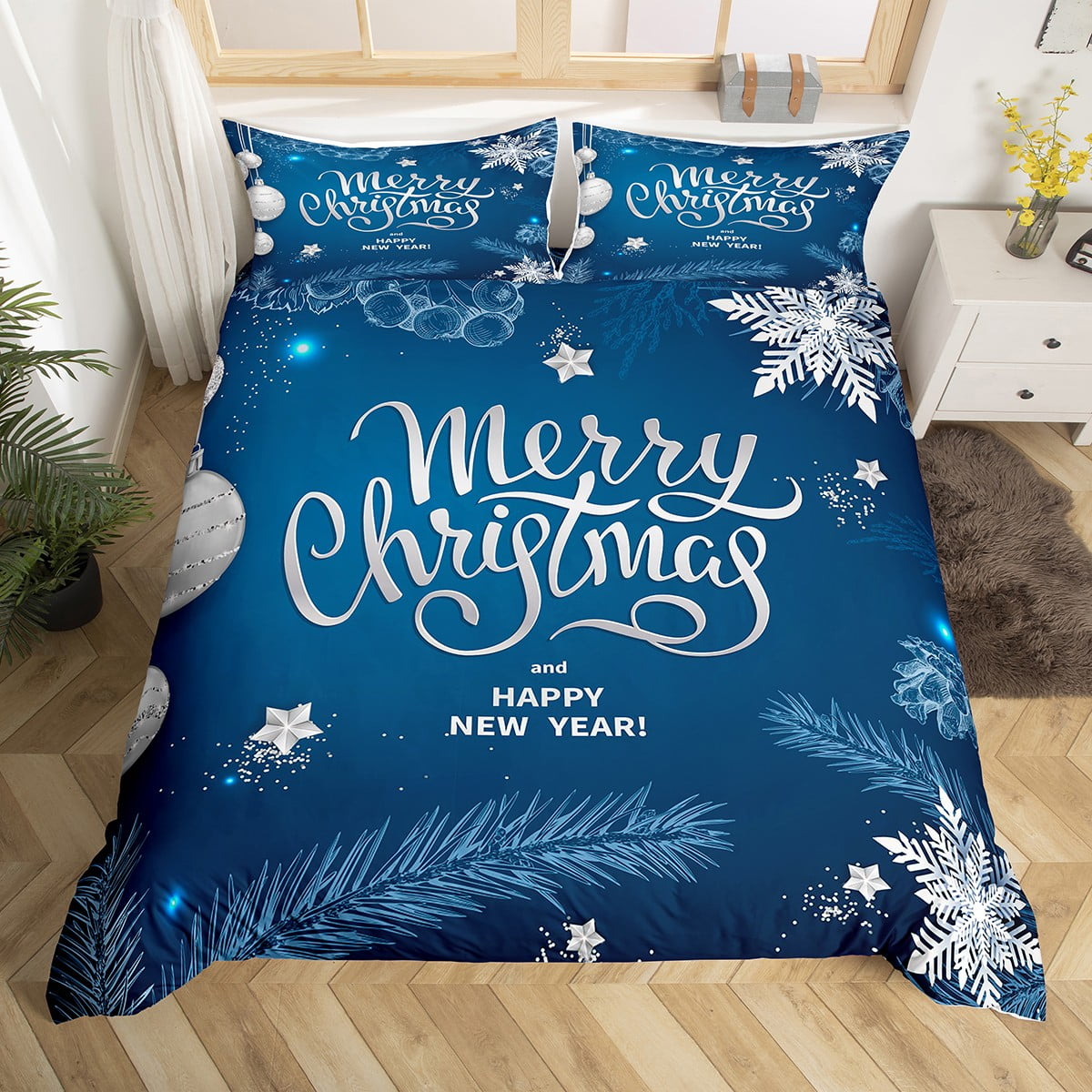 Erosebridal Blue Christmas Bedding Set King White Christmas Decorative ...