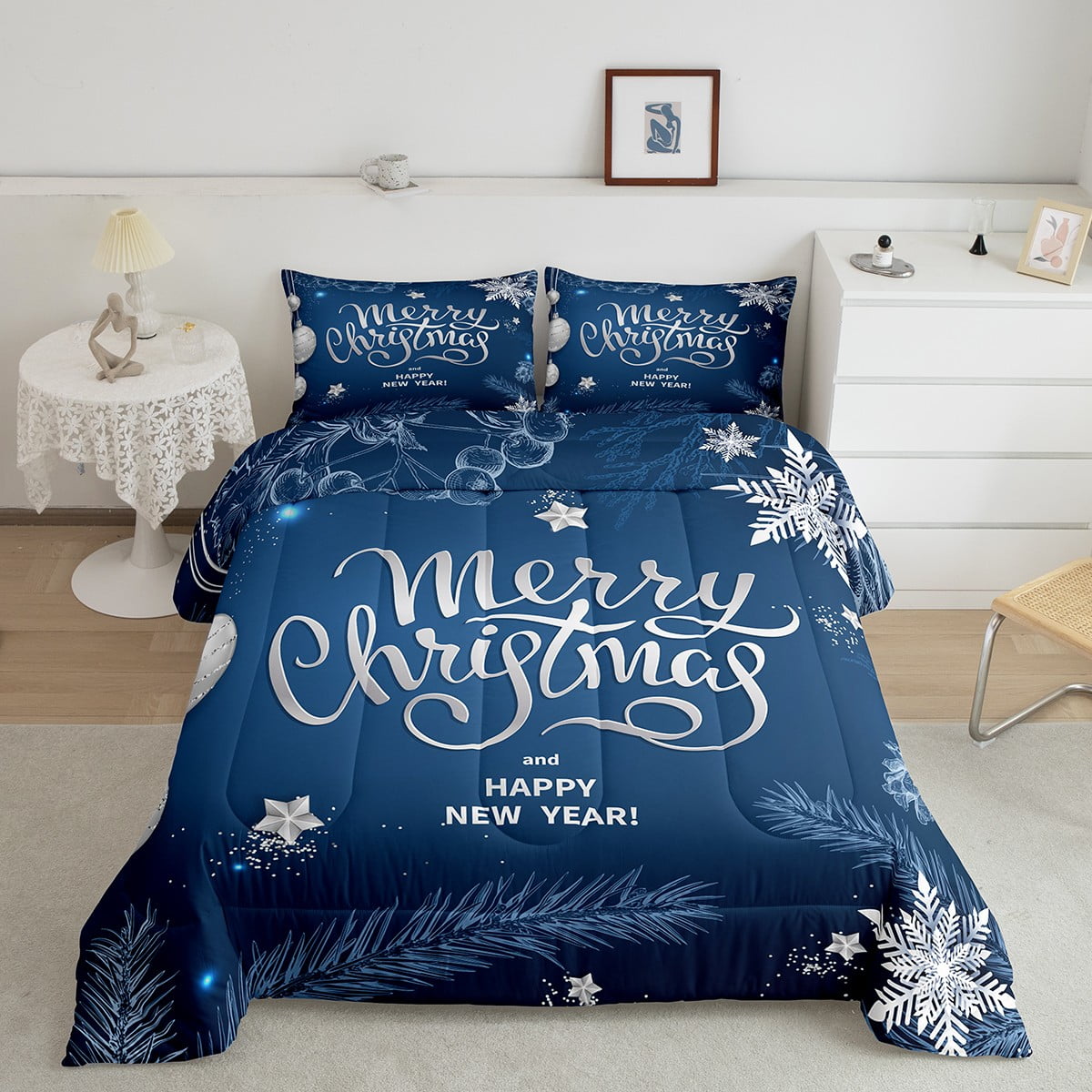 Blue Christmas Bedding Set Twin White Christmas Decorative Ball ...