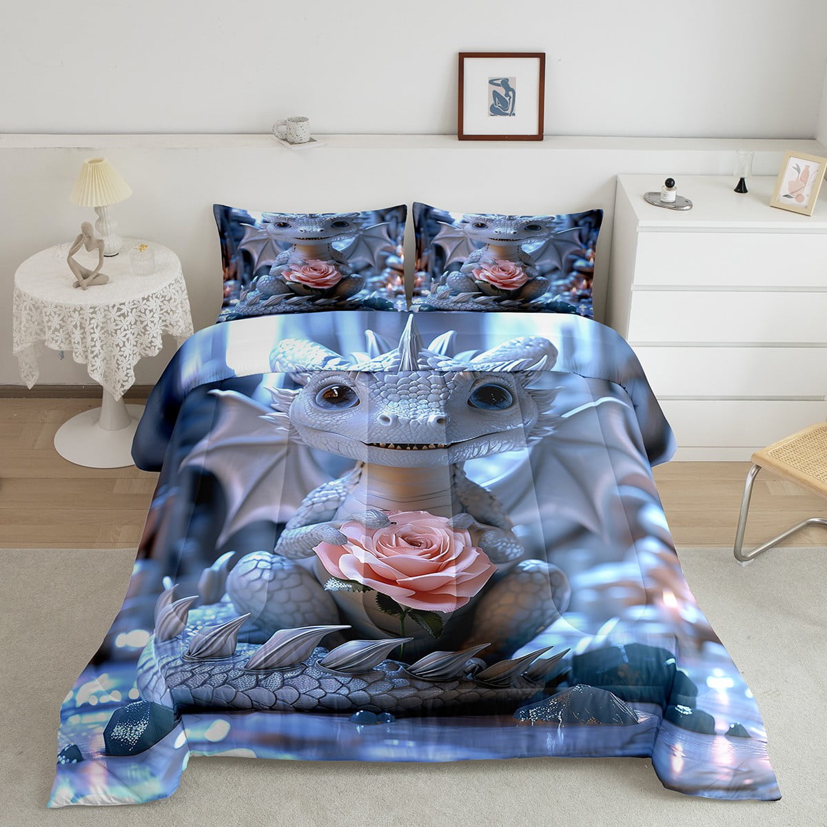 Blue Cute Dragon Queen Bedding Sets Wild Animal Comforter Set, Jungle ...