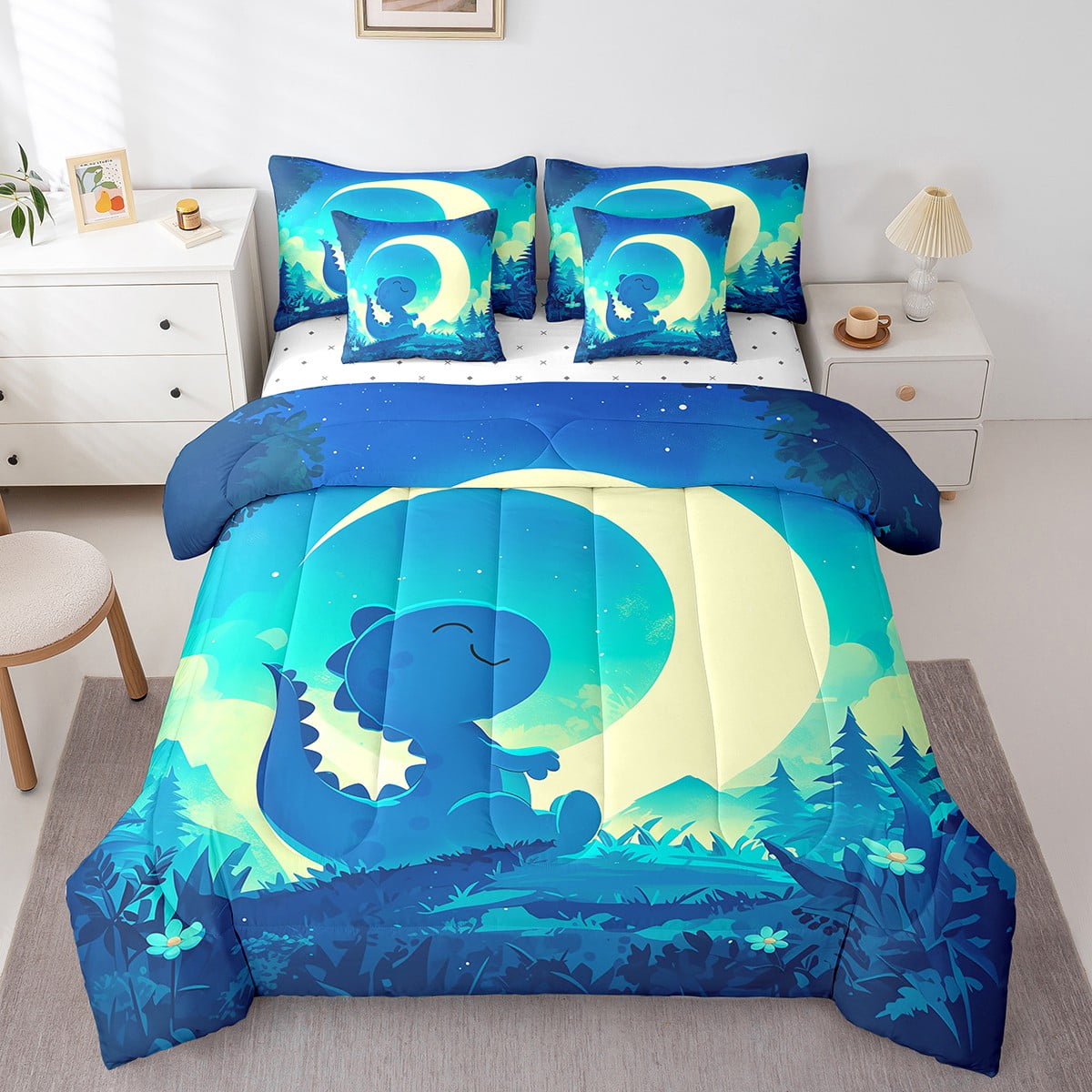Blue Dinosaur Comforter Set Twin 7 Pieces Dinosaur Printed Bedding Set ...