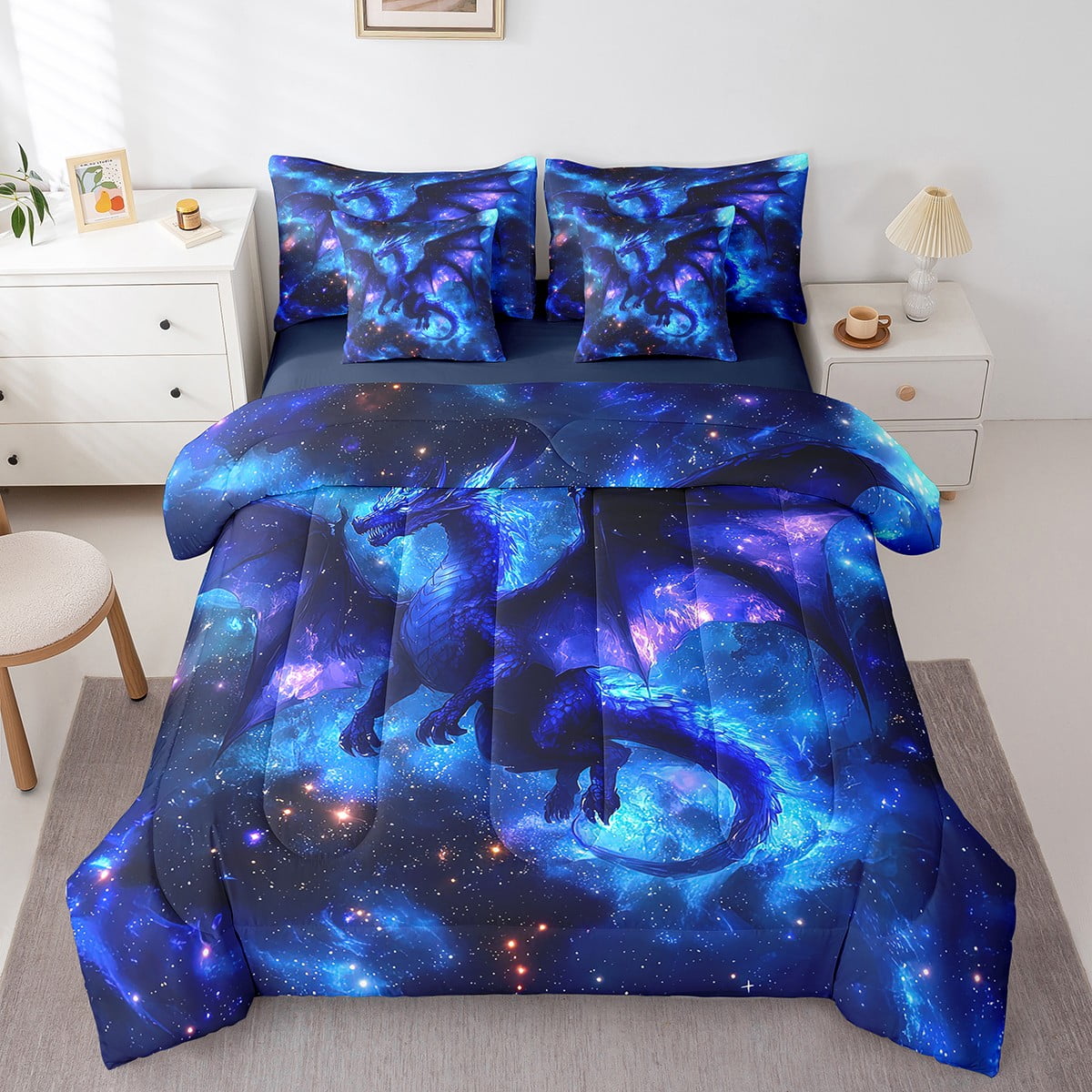 YST Blue Dragon 7 Pcs Comforter Set Full,Magical Starry Sky Blue Purple Bed in a Bag with Flat ...