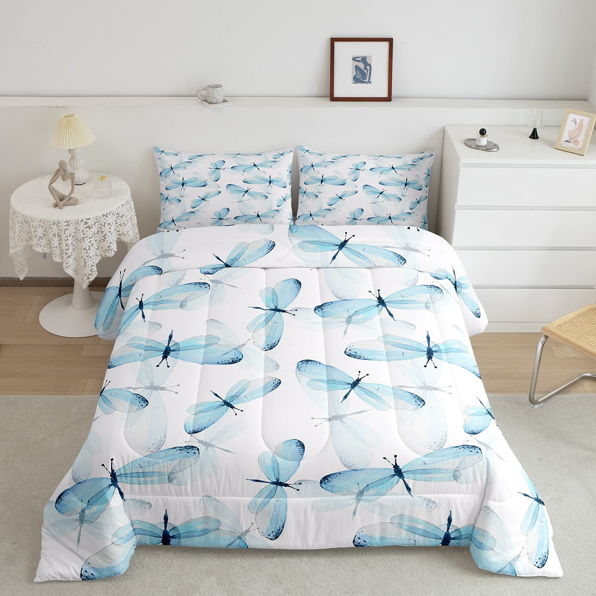 YST Blue Dragonfly Bedding Set Queen Watercolor Animal Comforter Set ...