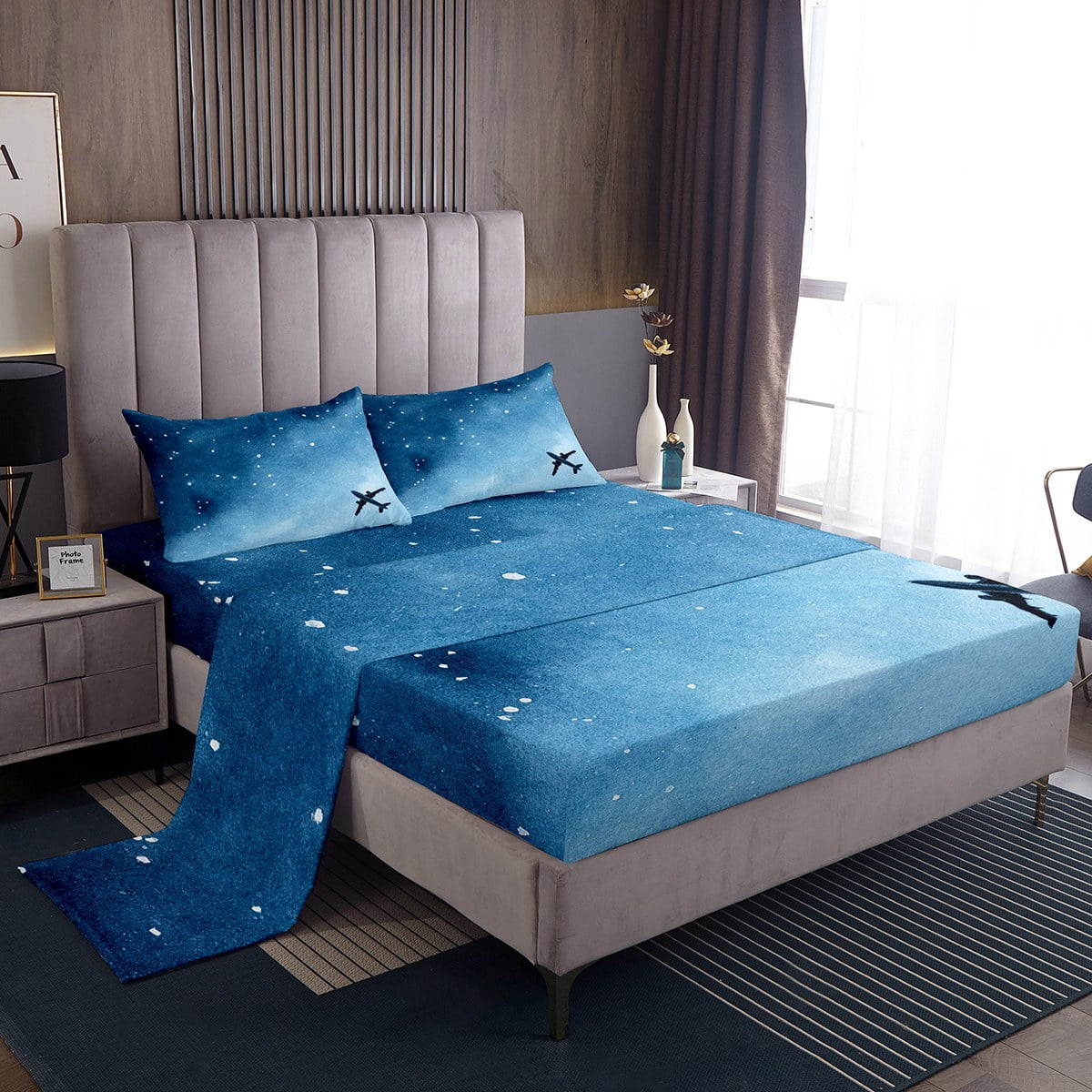 YST Blue Galaxy Bed Set Aircraft Bed Sheets Set for Kids Boys Girls ...