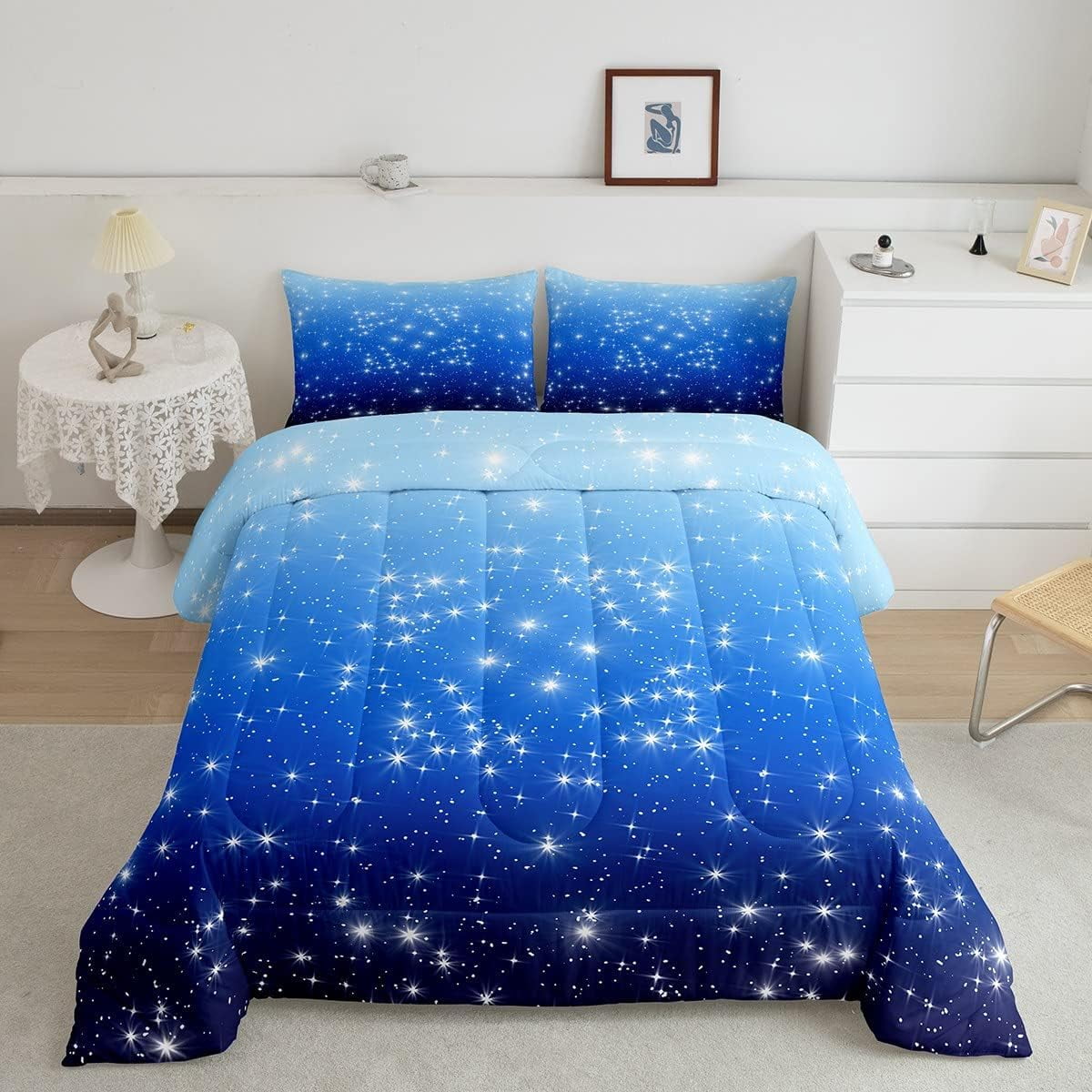 YST Blue Glitter Comforter Set Twin for Boys Girls, Sparkle Galaxy ...