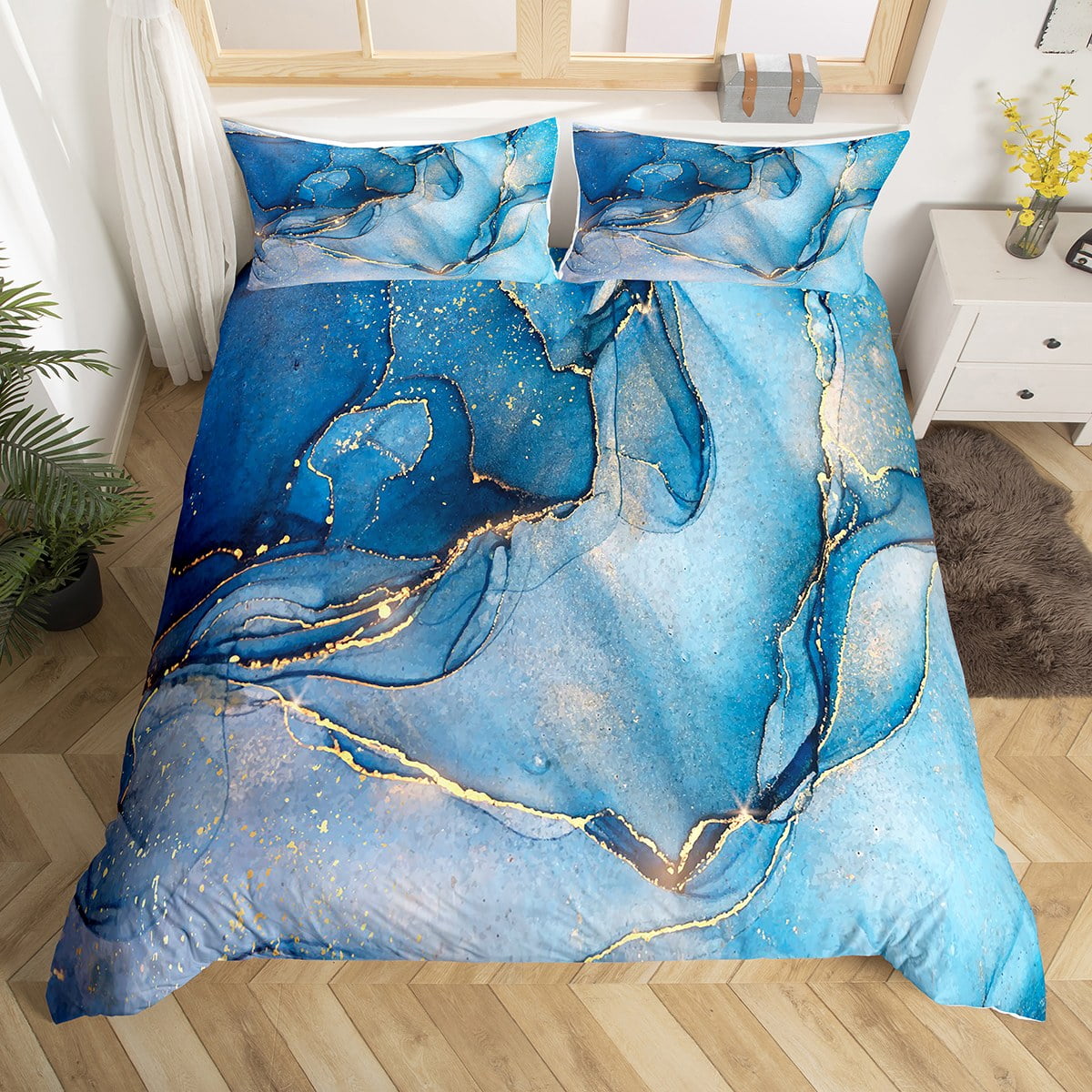 YST Blue Golden Marble Duvet Cover Queen,Ombre Marble Texture Bedding ...
