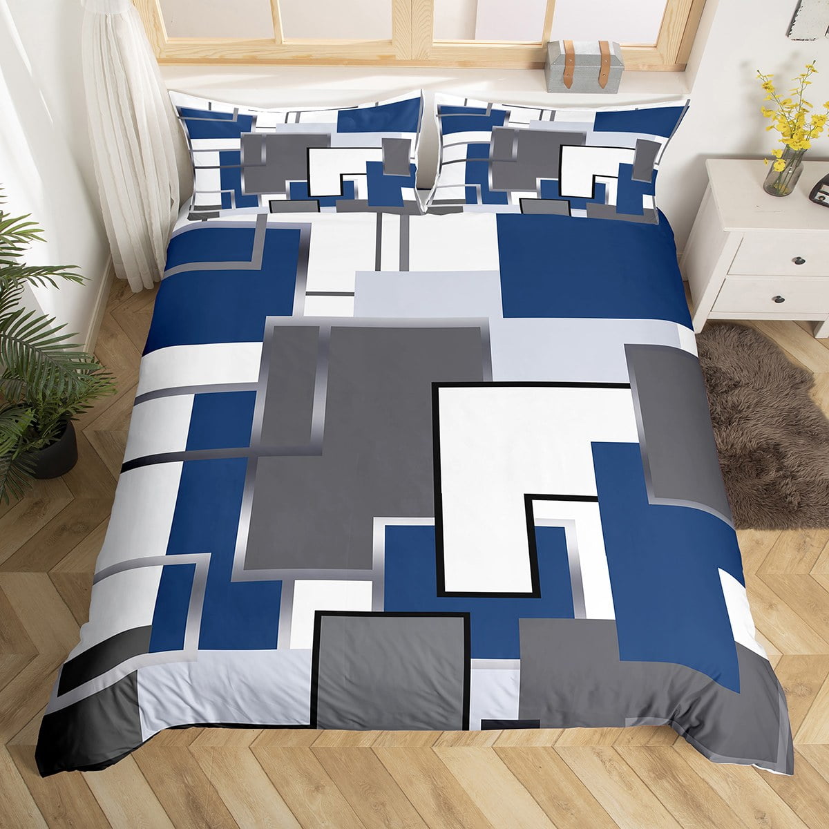 Erosebridal Blue Grey White Duvet Cover,Geometric Bedding Set King Size ...