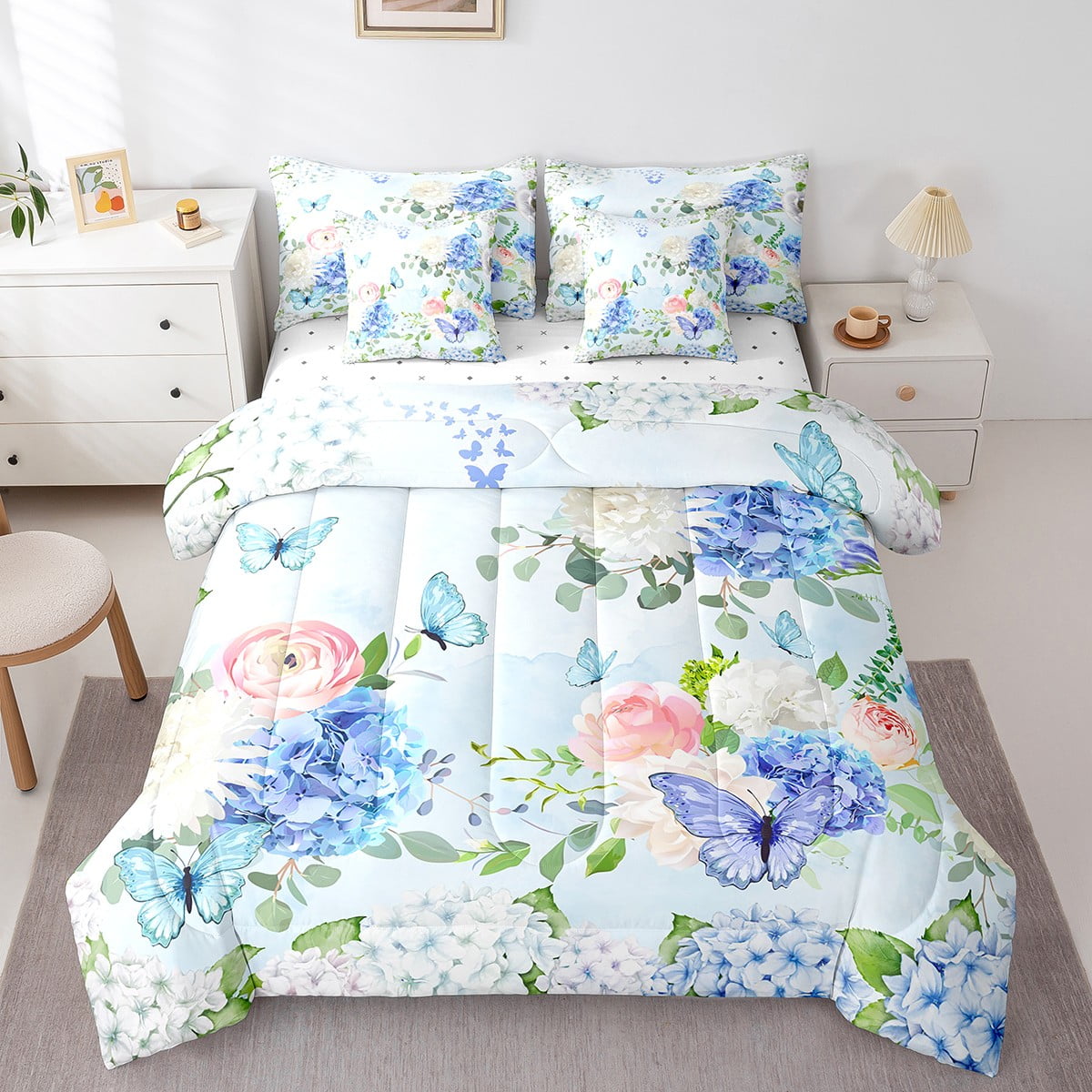 YST Blue Hydrangea Bedding Comforter Sets 7 Pieces Spring Garden Floral ...