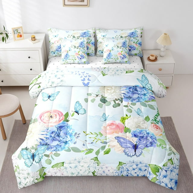 YST Blue Hydrangea Bedding Comforter Sets 7 Pieces Spring Garden Floral ...
