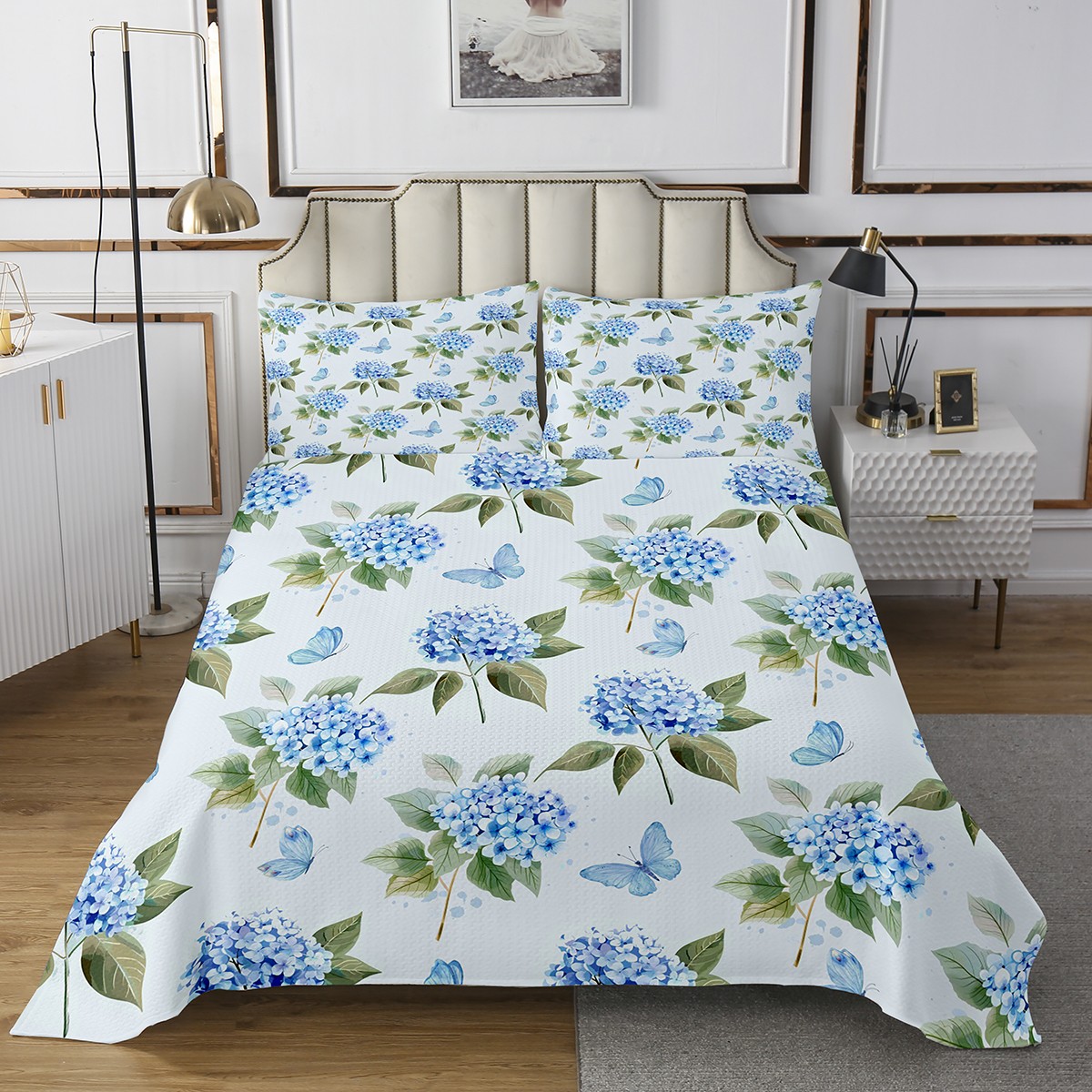 YST Blue Hydrangea Coverlet Queen Size Chic Flower Bedding Set, Cute ...