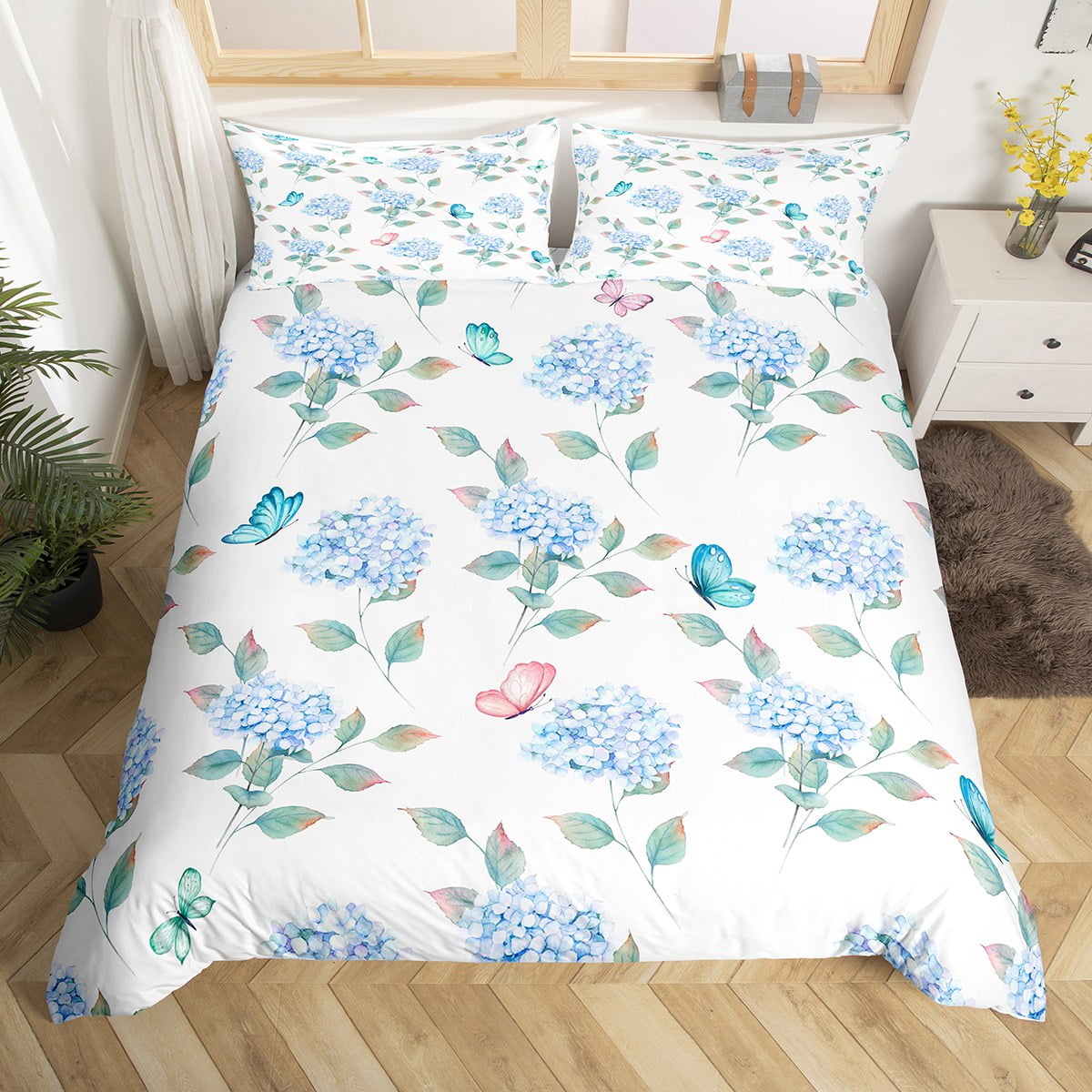 YST Blue Hydrangea Duvet Cover Full Size Chic Floral Bedding Set ...