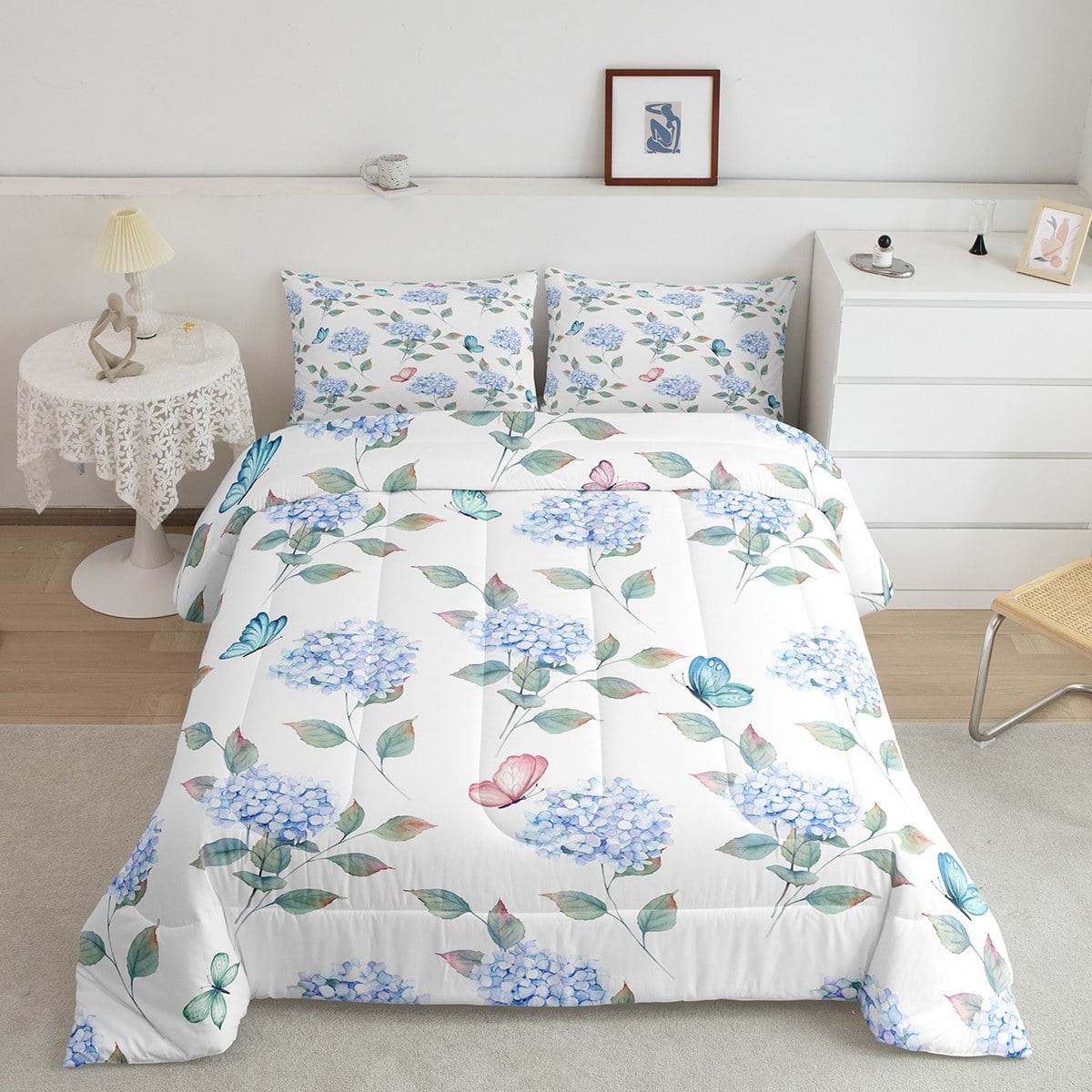 YST Blue Hydrangea Full Comforter Set Chic Floral Bedding Set, Rainbow ...