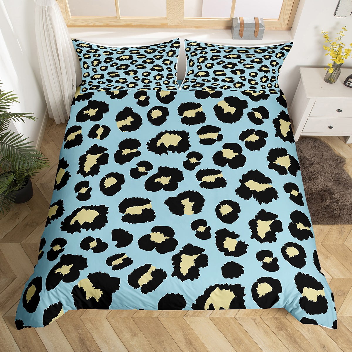 YST Blue Leopard Print Duvet Cover Full Beige Animal Printed Bedding ...