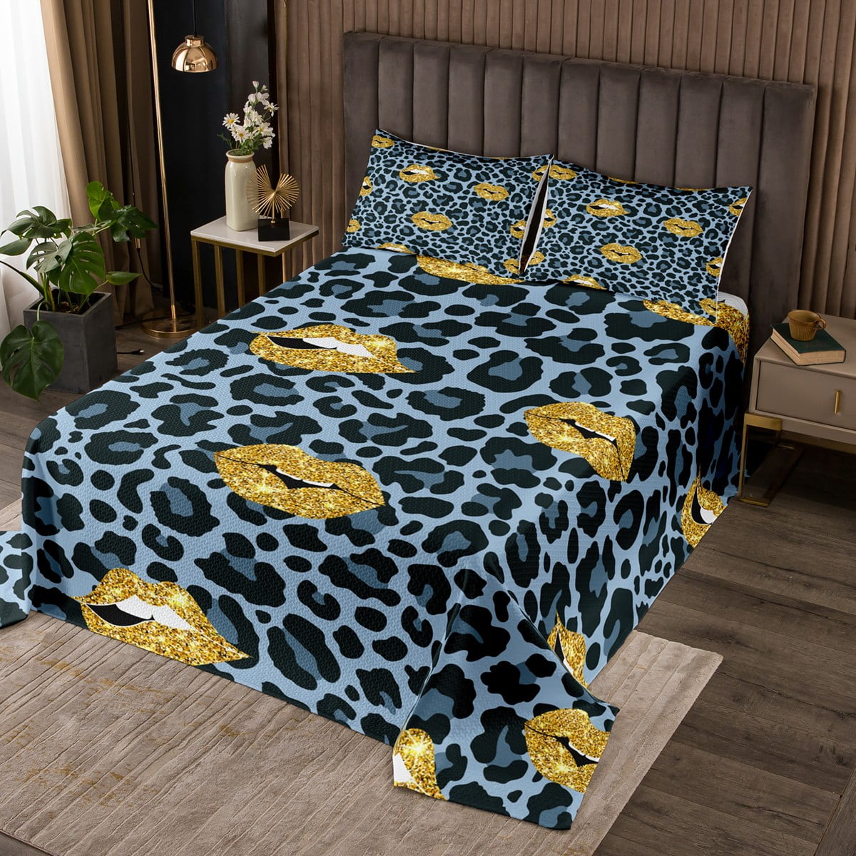 YST Blue Leopard Print Quilt Set King,Golden Lips Bedspread Set for ...