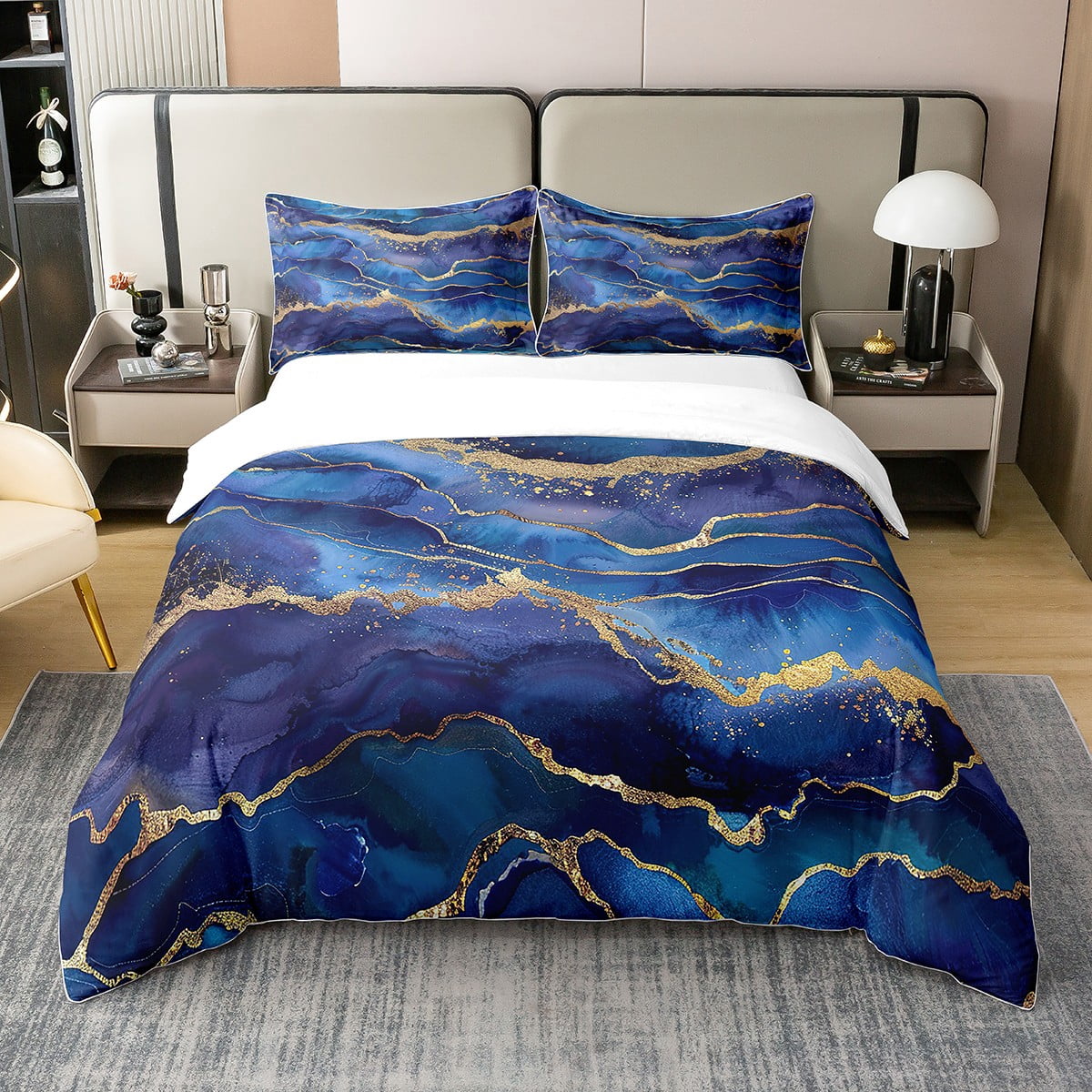 YST Blue Marble 100% Natural Cotton Duvet Cover Gold Glitter Marble ...
