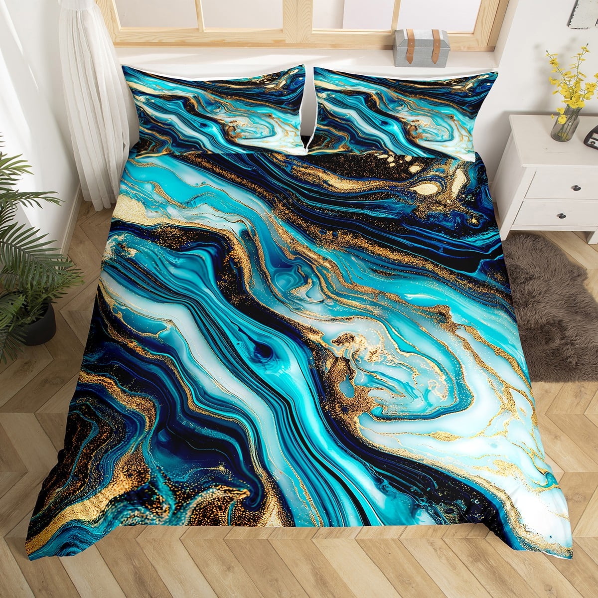 Blue Marble Bed Set Teal Marbling Duvet Cover, Abstract Aesthetic Full ...