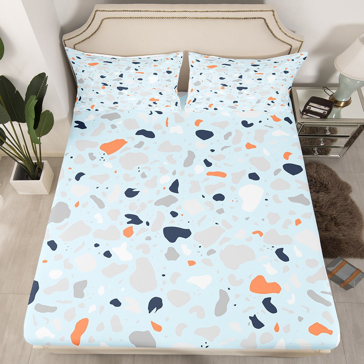 YST Blue Marbling Bed Sheets Gray Geometry Fitted Sheet Twin Size ...