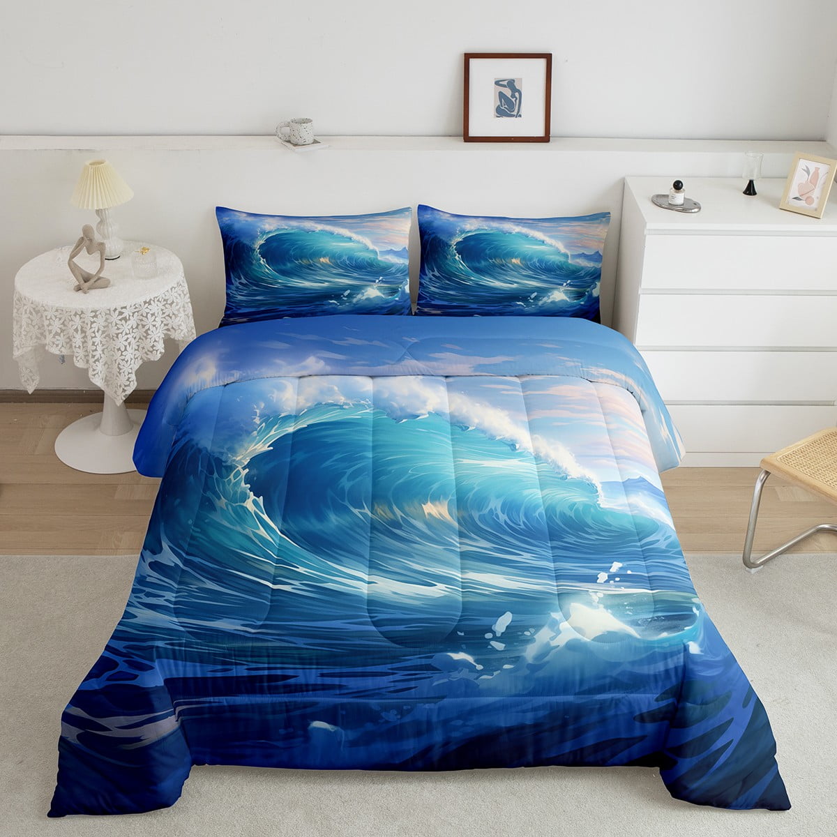 Blue Ocean Comforter Set Teens Adult,Sea Wave Bedding Set King,Natural ...