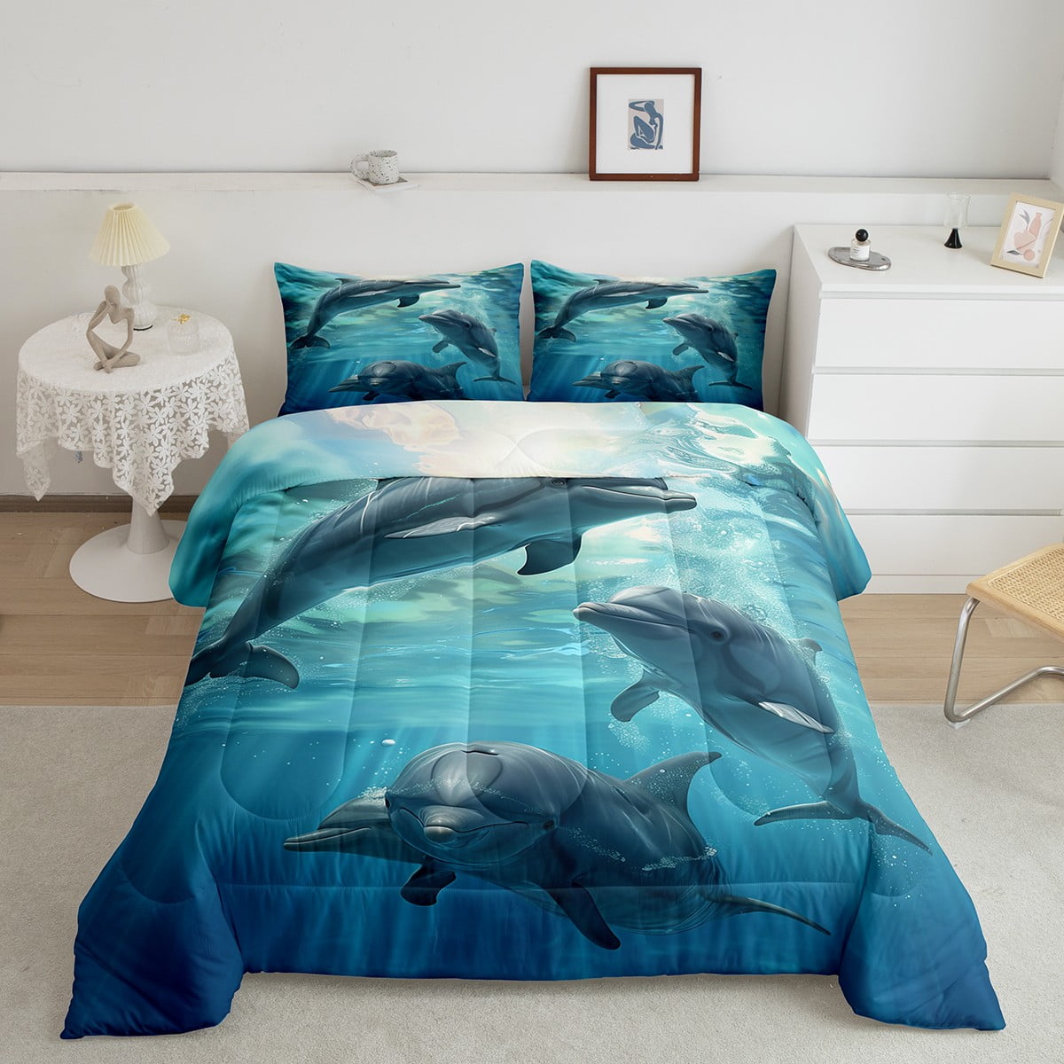 Erosebridal Blue Ocean Dolphin Comforter Set Cute Dolphin Animal Theme ...